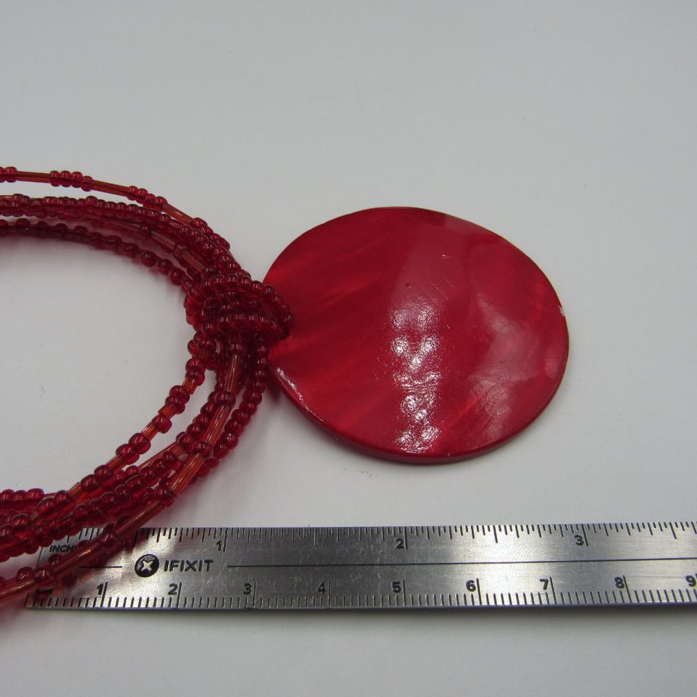 20" Red Shell & Beaded Necklace Vintage Costume - Gem